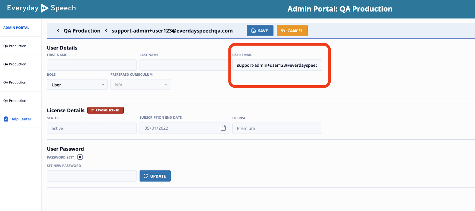 How to correct a misspelled user email address in the Admin Portal